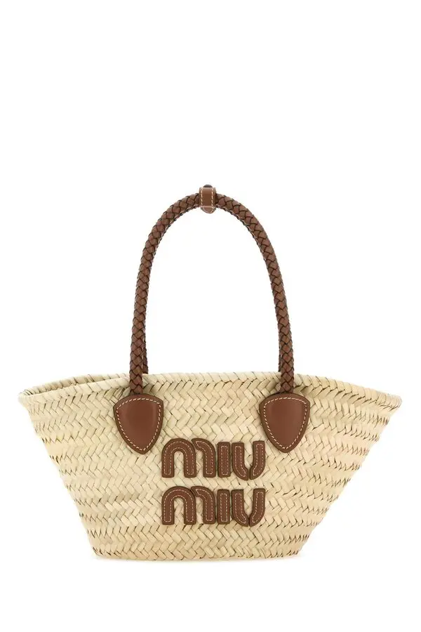 Miu Miu Woven Raffia Shopping Bag With Leather Accents