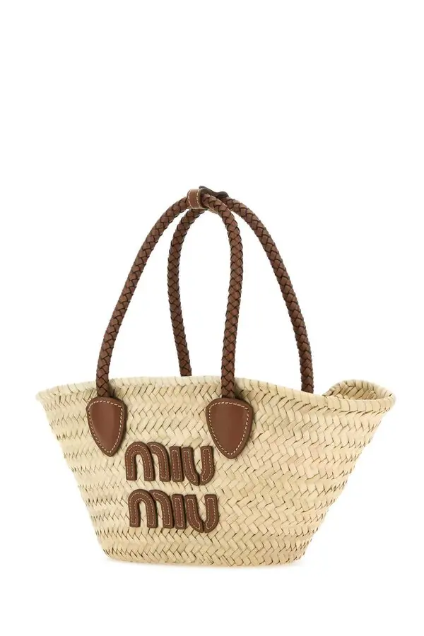 Miu Miu Woven Raffia Shopping Bag With Leather Accents