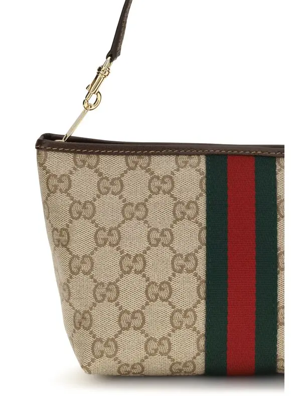 Gucci Small Gg Canvas Pouch With Web Stripe And Leather Strap - Cream