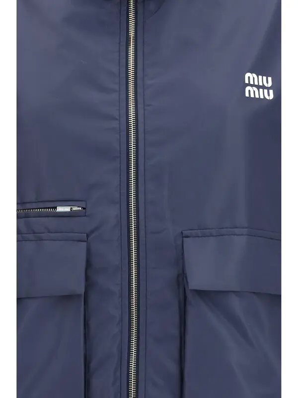Miu Miu Technical Canvas Oversized Jacket With Leather Details - Blue