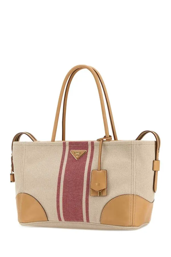Prada Large Canvas Shopping Bag With Leather Trim
