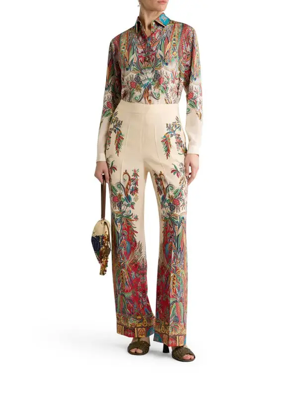 Etro Long Silk Shirt With Placed Paisley Foliage Print