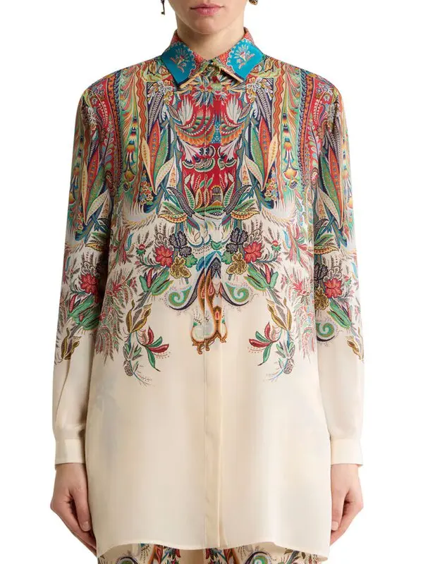 Etro Long Silk Shirt With Placed Paisley Foliage Print