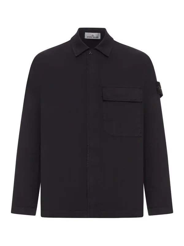 Stone Island Cotton Overshirt With Chest Pocket And Removable Badge - Black