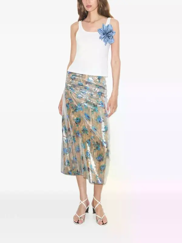 Tory Burch Sequin Pencil Skirt With Blue Rose Print