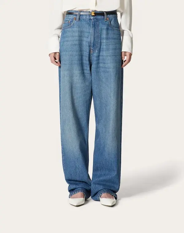 Valentino Garavani Wide Leg Jeans With Logo Patch