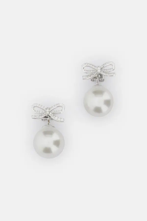 SELF-PORTRAIT Crystal Bow Pearl Drop Earrings - Multicolor