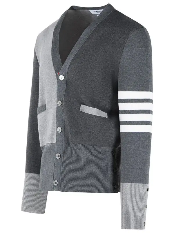 Thom Browne Grey Merino Wool V-neck Cardigan