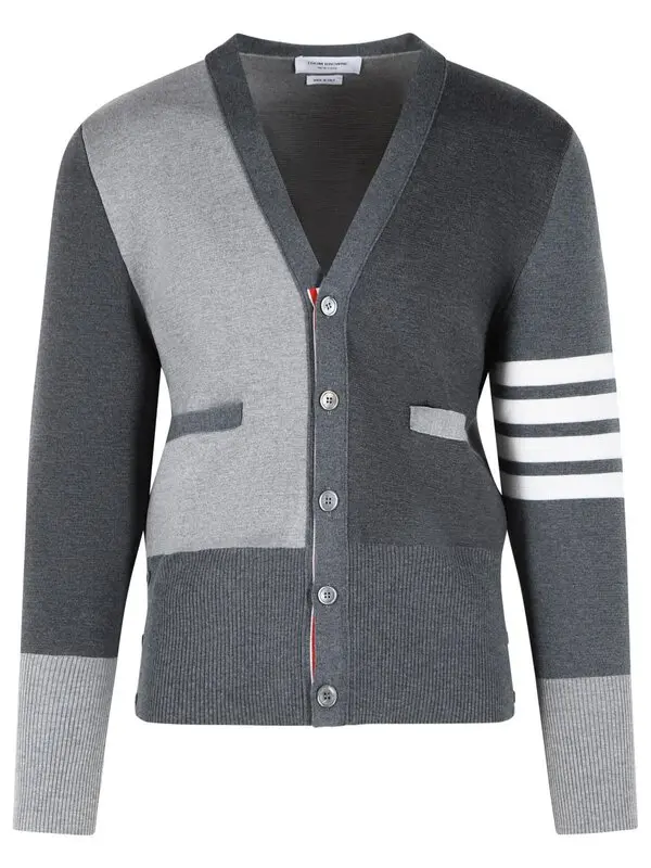 Thom Browne Grey Merino Wool V-neck Cardigan - Gray
