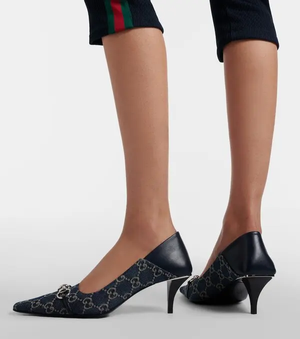 Gucci Vittoria Leather-trimmed Denim Pumps - Blue