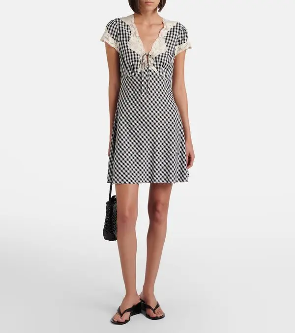 Rixo Lacie Lace-trimmed Checked Crepe Minidress - Black