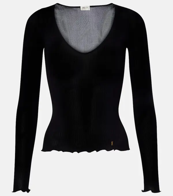 Saint Laurent Ribbed-knit Silk V-neck Top