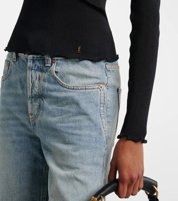 Saint Laurent Ribbed-knit Silk V-neck Top