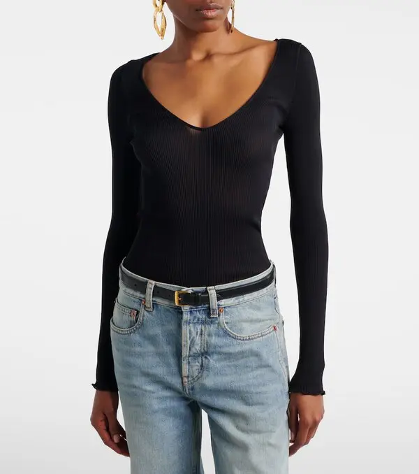 Saint Laurent Ribbed-knit Silk V-neck Top
