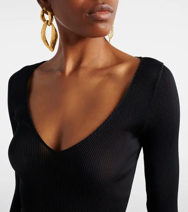 Saint Laurent Ribbed-knit Silk V-neck Top