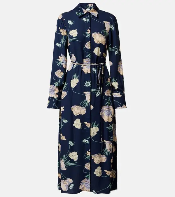 Erdem Belted Floral Shirt Dress In Belle Epoque Poppy Navy - Blue