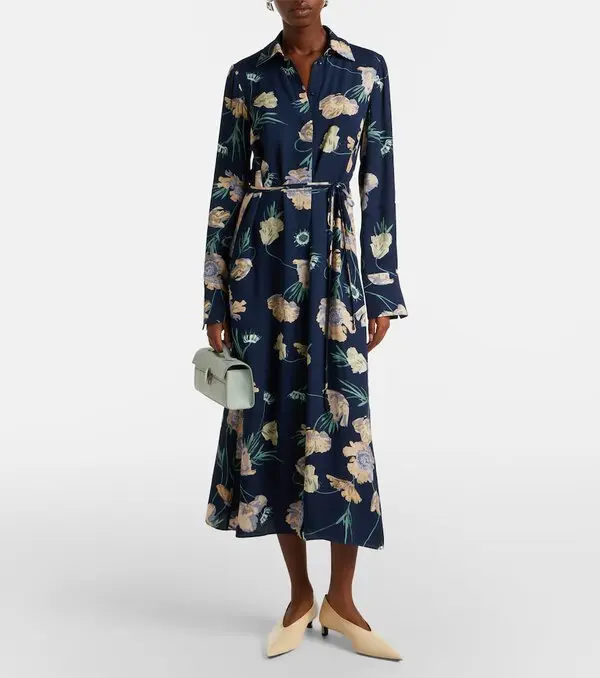 Erdem Belted Floral Shirt Dress In Belle Epoque Poppy Navy