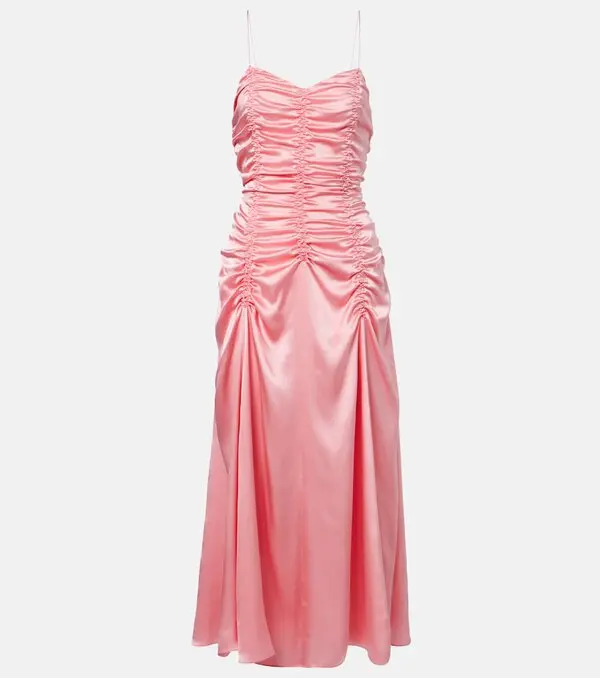 Khaite Raina Ruched Silk Satin Midi Dress - Pink