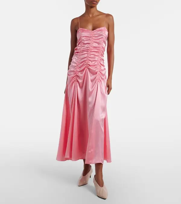 Khaite Raina Ruched Silk Satin Midi Dress - Pink