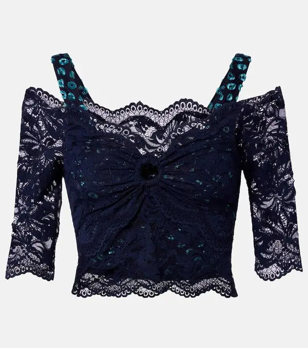 Rabanne Trompe L'oeil Lace And Velvet Crop Top - Blue