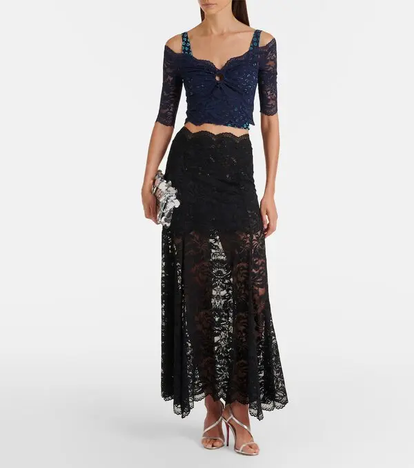Rabanne Trompe L'oeil Lace And Velvet Crop Top - Blue