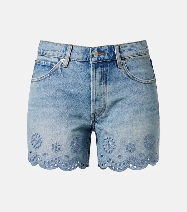 FRAME Long Hang Broderie Anglaise Denim Shorts - Blue