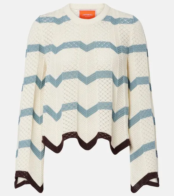 La DoubleJ Chevron Crochet Cropped Cotton Sweater - Blue
