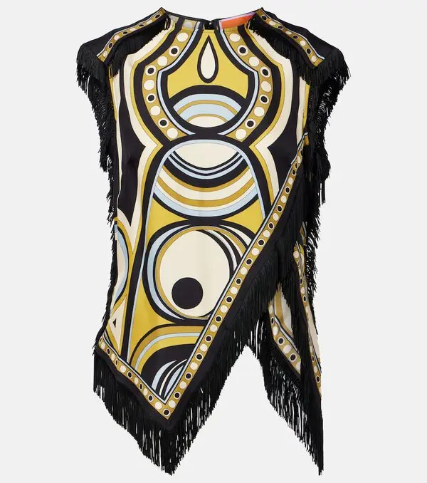 La DoubleJ Scarf Fringed Printed Silk Voile Top - Black