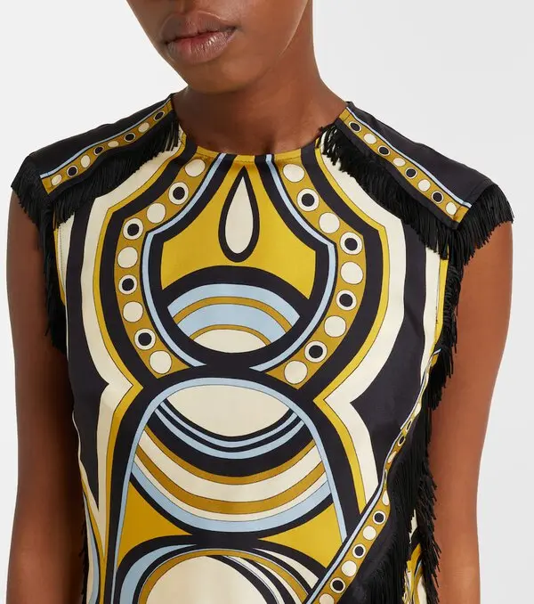 La DoubleJ Fringed Printed Silk Voile Top - Black