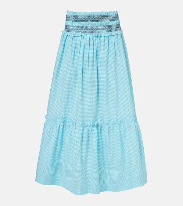 GANNI Embroidered Gingham Cotton Poplin Maxi Skirt - Blue