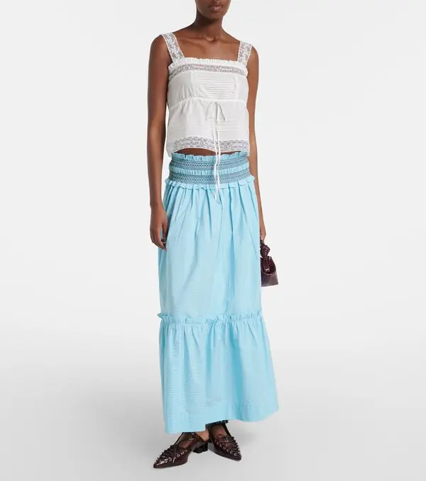 GANNI Embroidered Gingham Cotton Poplin Maxi Skirt