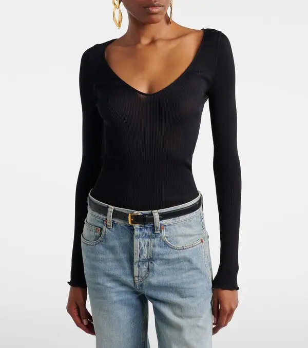 Saint Laurent Ribbed Silk Top - Black