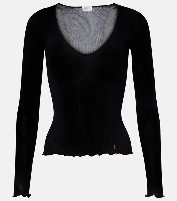 Saint Laurent Ribbed Silk Top - Black