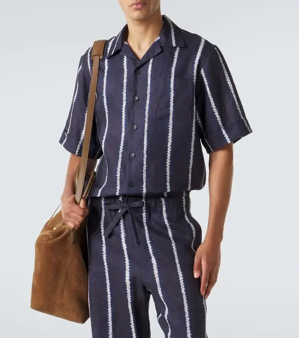 Commas Striped Linen Bowling Shirt - Blue