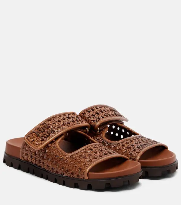 Miu Miu Woven Leather Open Toe Sandals - Brown