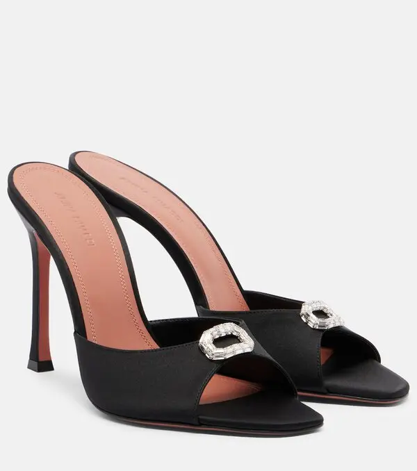 Amina Muaddi Camelia Embellished Satin Mules - Black