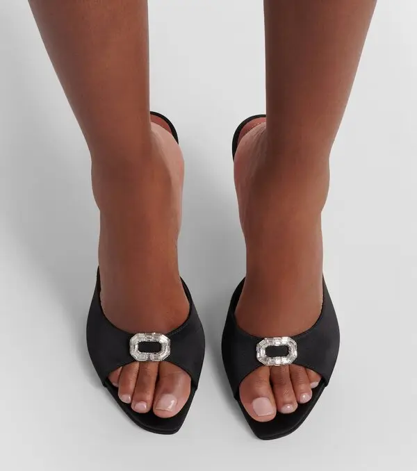 Amina Muaddi Camelia Embellished Satin Mules - Black