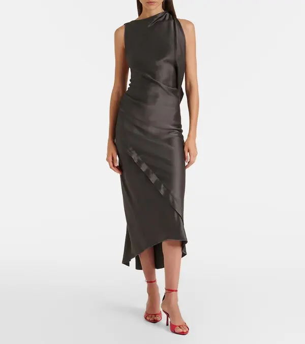 Victoria Beckham Kyra Draped Crêpe Satin Midi Dress - Grey