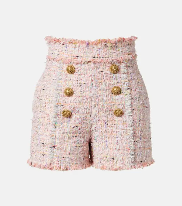 Balmain Tweed Shorts With Fringed Hem - Pink