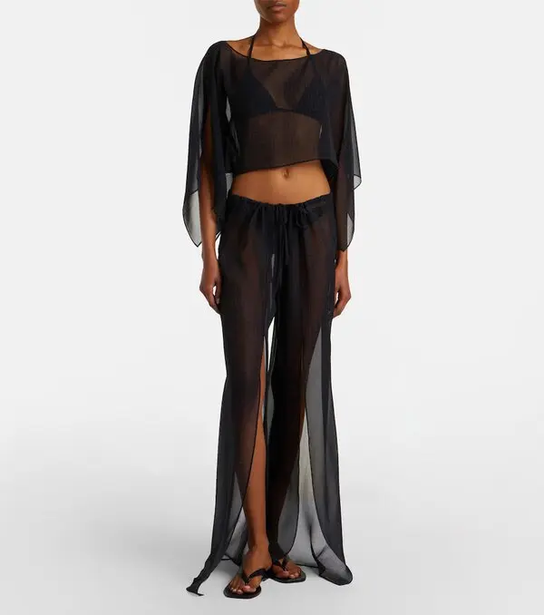 Balmain Monogram Sheer Silk Wide-leg Pants
