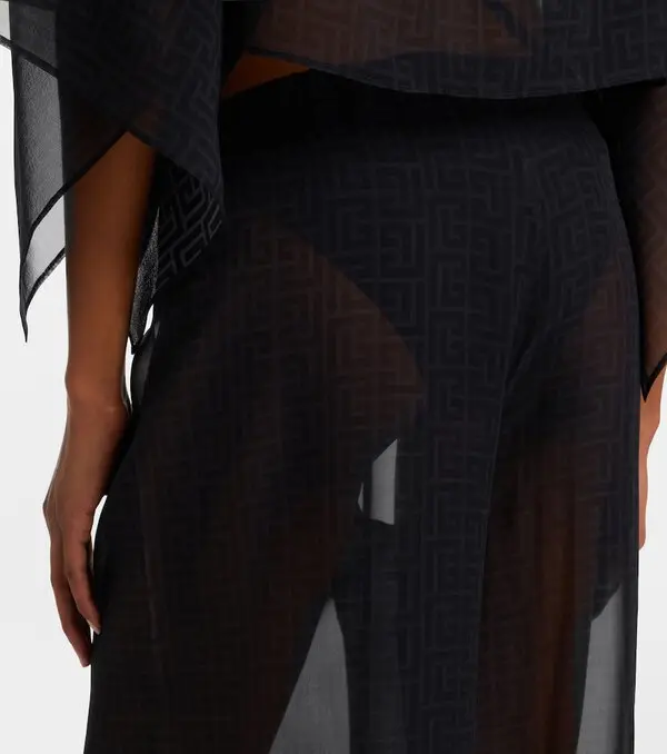 Balmain Monogram Sheer Silk Wide-leg Pants