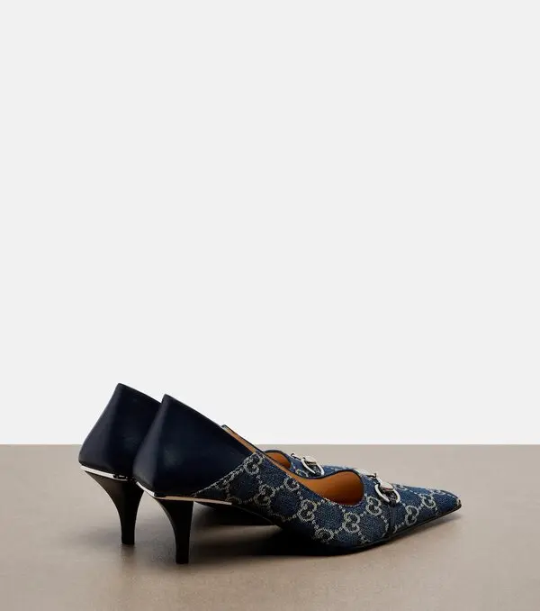 Gucci Vittoria Leather-trimmed Denim Pumps - Blue