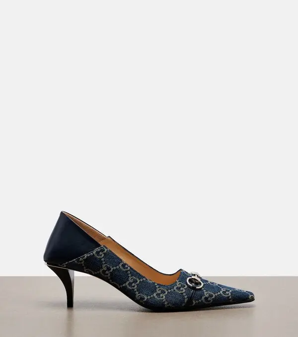 Gucci Vittoria Leather-trimmed Denim Pumps - Blue