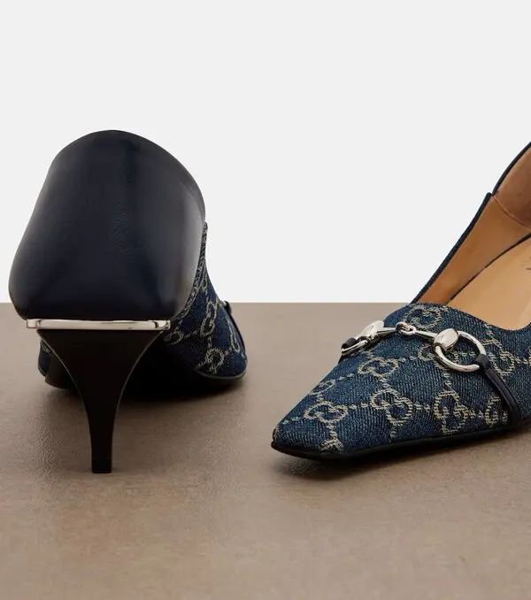 Gucci Vittoria Leather-trimmed Denim Pumps - Blue