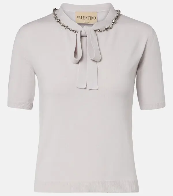 Valentino Garavani Embellished Tie-neck Virgin Wool Sweater - Grey