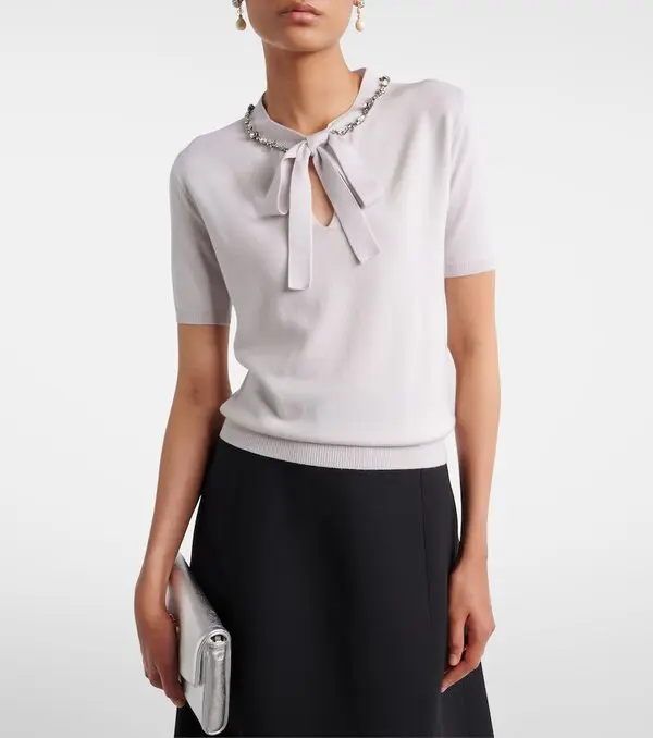 Valentino Garavani Embellished Tie-neck Virgin Wool Sweater