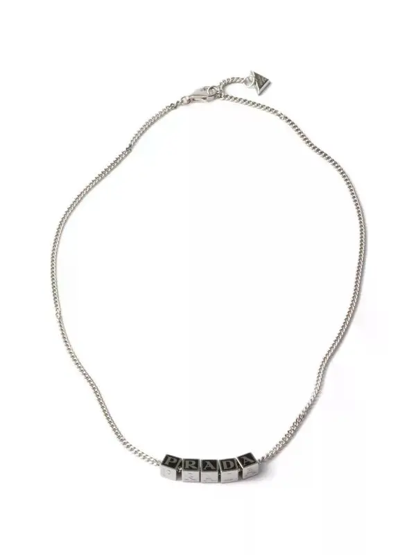 Prada Enameled Metal Lettering Logo Necklace - Silver