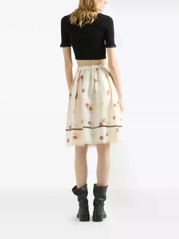 Prada Cropped Ribbed Cotton T-shirt With Lace Trim