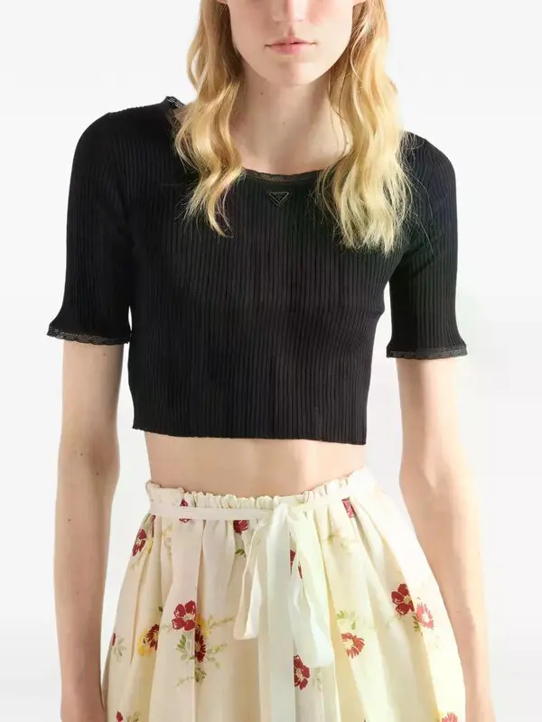 Prada Cropped Ribbed Cotton T-shirt With Lace Trim