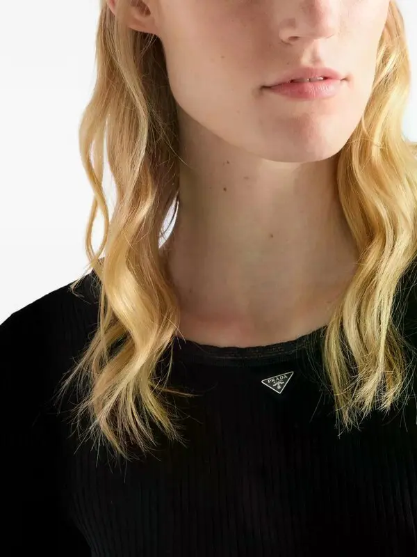 Prada Cropped Ribbed Cotton T-shirt With Lace Trim